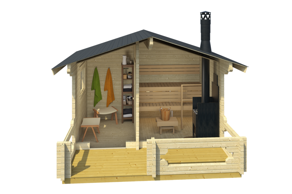 Pihasauna Piha-Tuuri 12 pukuhuoneella ja etuterassilla – Pihatuuri.fi